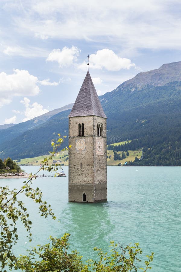 Bell Tower in Lake Reschen, Italy Stock Image - Image of bell, lake ...