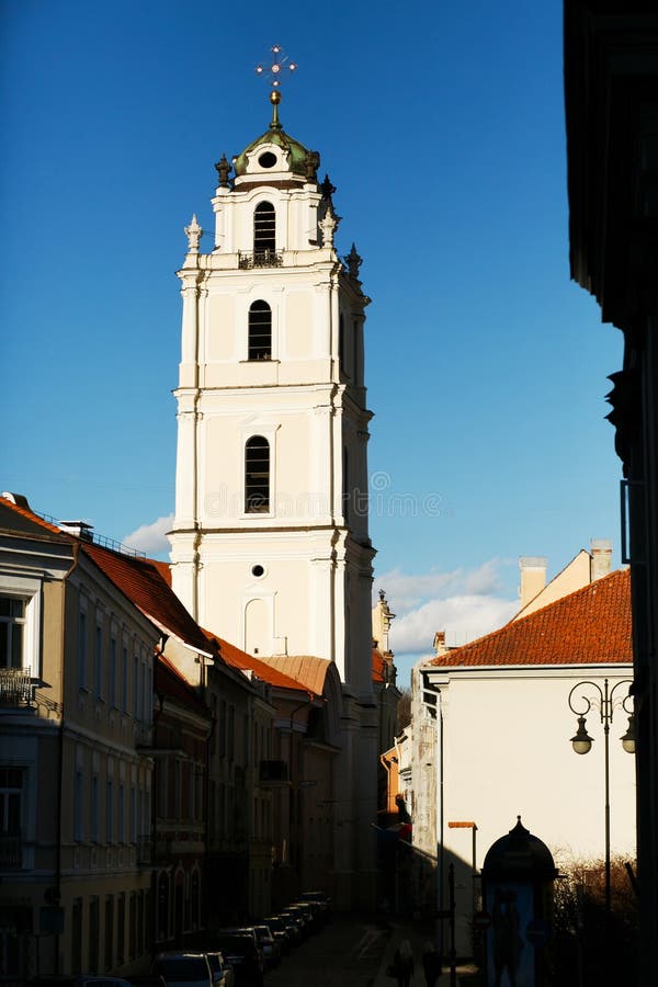Bell Tower in the Morning Light in Vilnius on Background Blue Sk Stock ...