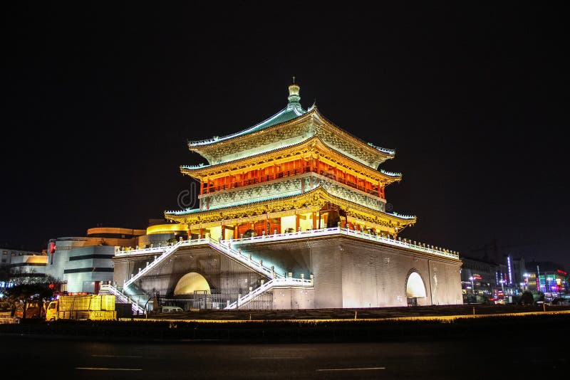 Bell Tower at Night, Xian, China Stock Image - Image of dynasty, bell ...