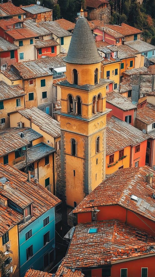 Bell Tower Over Colorful Rooftops. Stock Photo - Image of building ...
