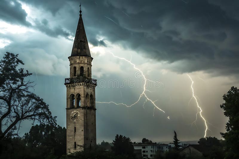 Bell Tower during Thunderstorm with Lightning in the Sky Stock ...