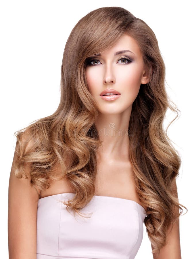 Bella Donna Con Capelli Marroni Ondulati Lunghi Fotografia Stock ...