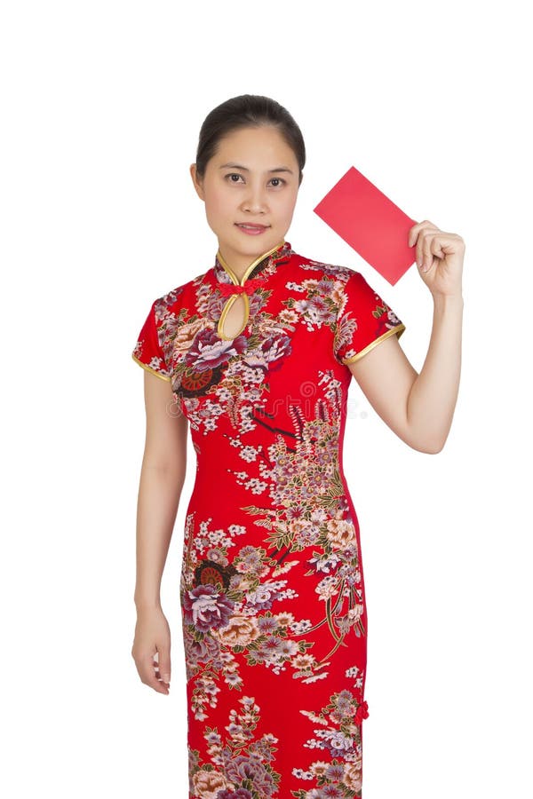 Belle Femme Asiatique Avec La Robe Traditionnelle Chinoise Packe Rouge
