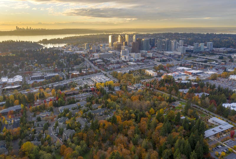 Sunset Over Bellevue with Seattle in the Backdrop in Washington State ...