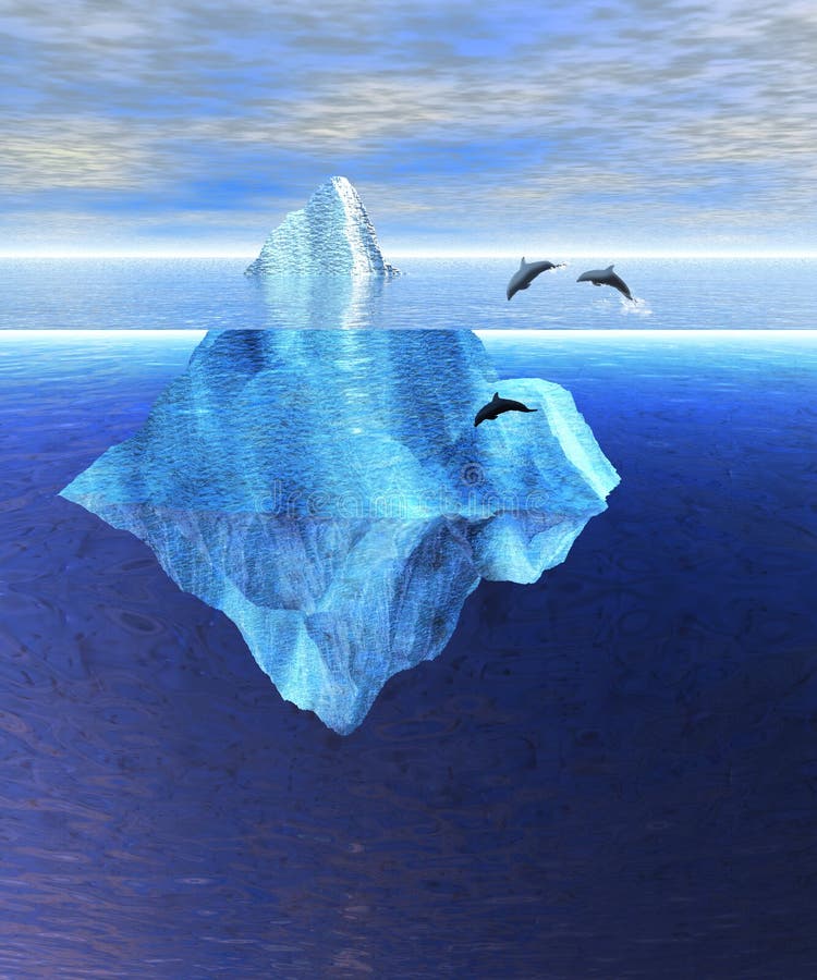Splendido Iceberg Nell'oceano Con Un Branco Di Delfini Illustrazione di ...