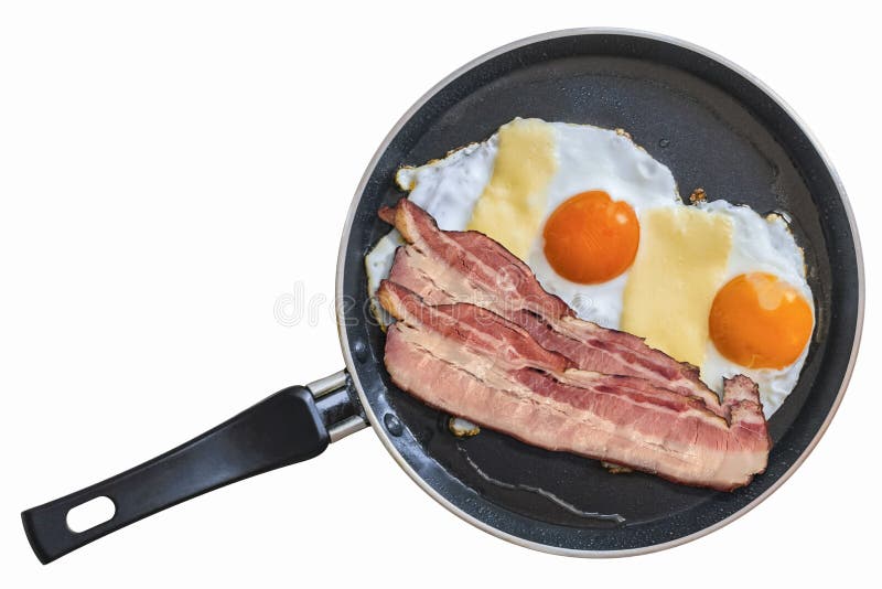 Fried Eggs With Belly Bacon Rasher In Teflon Frying Pan Isolated On ...