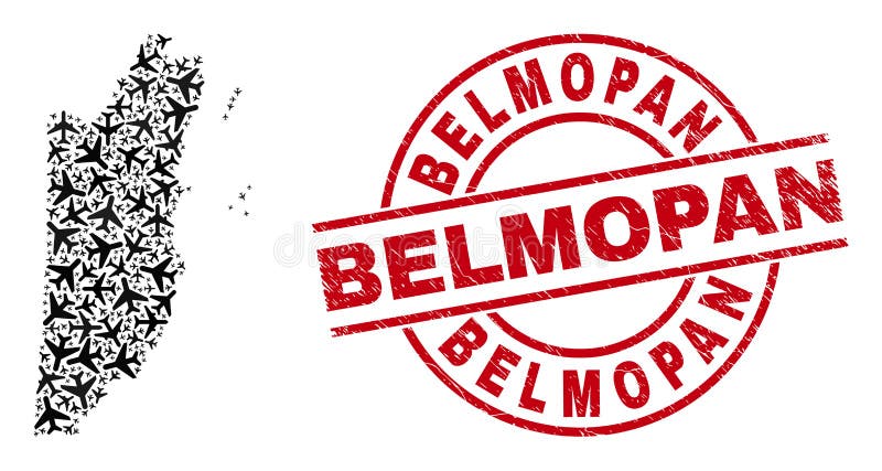 Belmopan Grunge Stamp and Belize Map Airliner Collage Stock ...