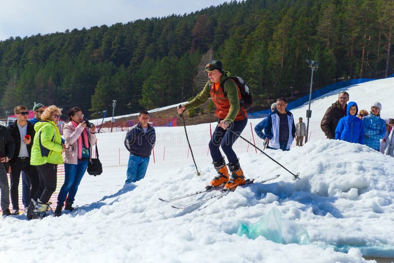 BELORETSK,RUSSIA, 13 APRIL 2019 Adult Man on a Ski Slope in the Ural ...
