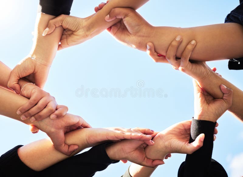 Below, Team and Hands in Circle for Support, Strength and Unity for ...