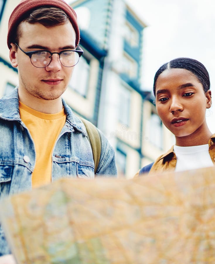 Below View of Diverse Tourists Search Right Direction and Rout Stock ...
