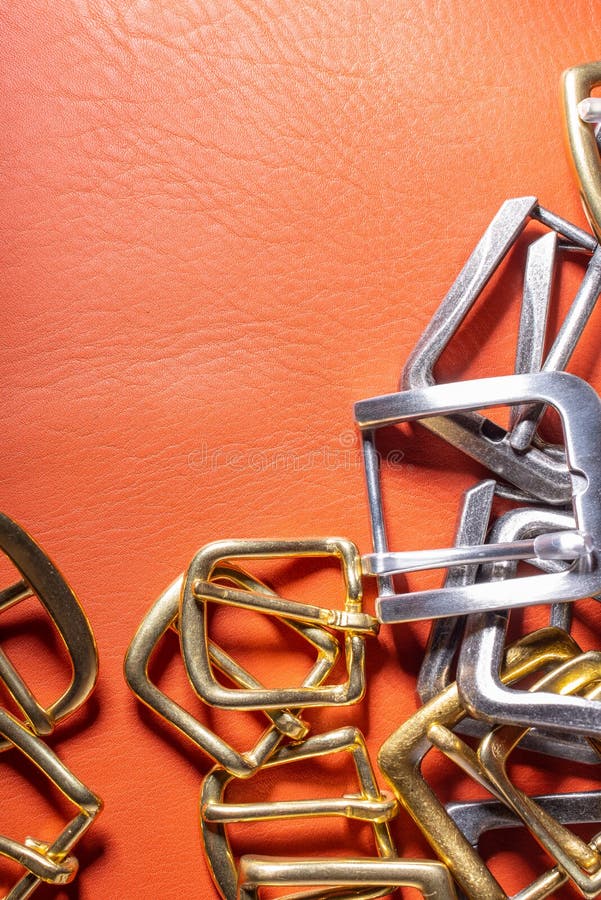 Belt Buckles and Coral Leather Background with Empty Space for Mockup ...