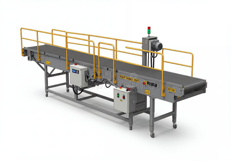 Belt Loader Conveyor with Yellow Railing in High Angle on White ...