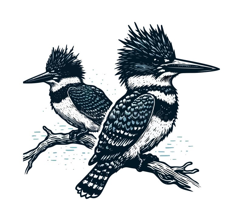 Belted Kingfisher Bird Hand Drawn Vector Graphic Stock Illustration ...