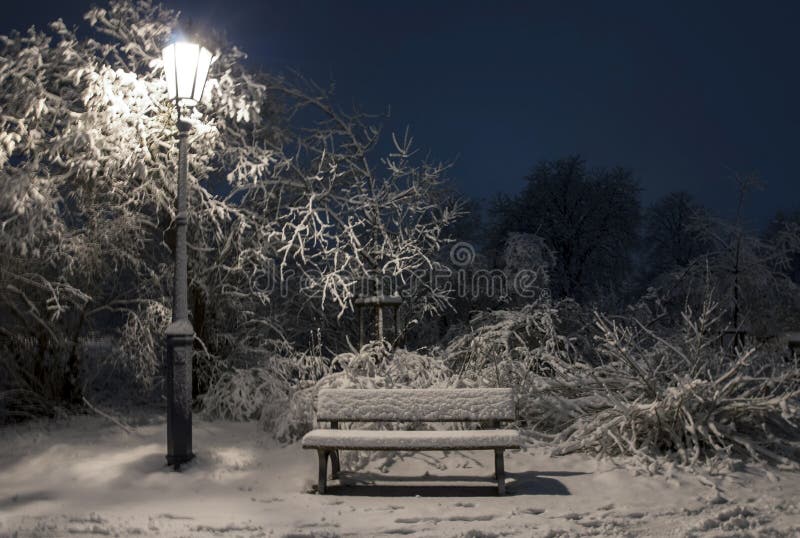 Bemch and Lamp in Night with Snow Stock Photo - Image of landscape ...