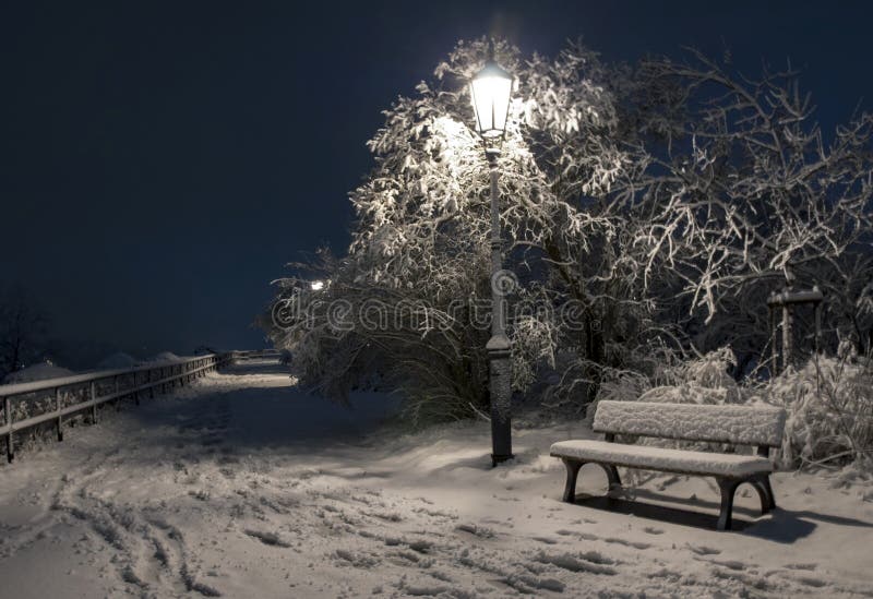 Bemch and Lamp in Night with Snow Stock Photo - Image of scene, cool ...