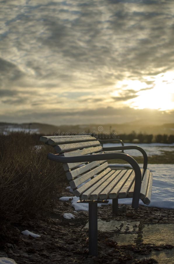 Bench stock image. Image of snow, sunset, evening, bench - 25310989