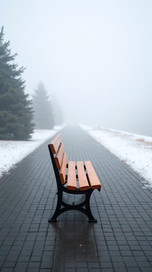 Bench Awaits in Misty, Tranquil Winter Setting Stock Illustration - Illustration of firm, bare ...