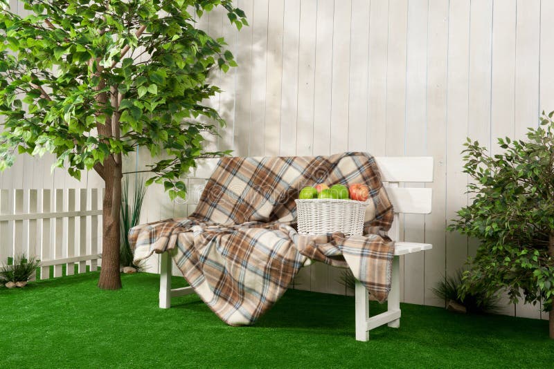 Bench with a Basket of Apples in the Garden Stock Photo - Image of yard ...