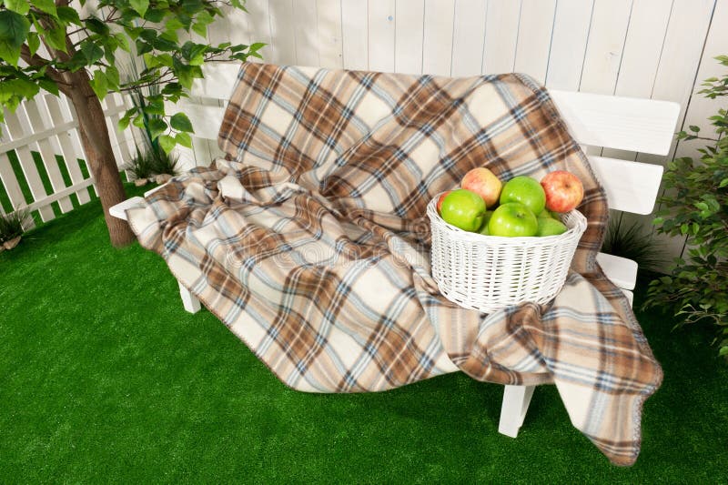 Bench with a Basket of Apples in the Garden Stock Image - Image of ...