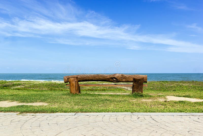 Bench on Beach with Blue Sky and Green Grass Stock Image - Image of ...