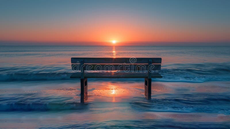 Bench on the Beach Facing the Ocean during Sunset Stock Image - Image ...