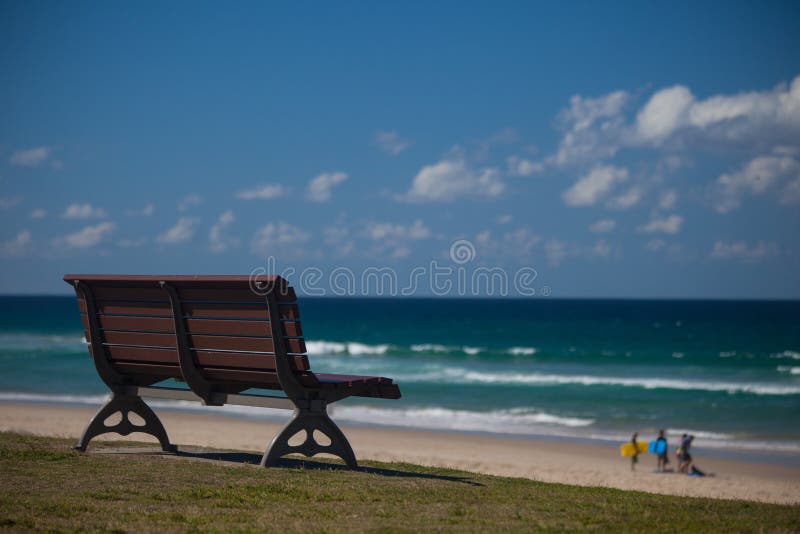 Bench by the Beach with Surfers in Background Stock Image - Image of ...