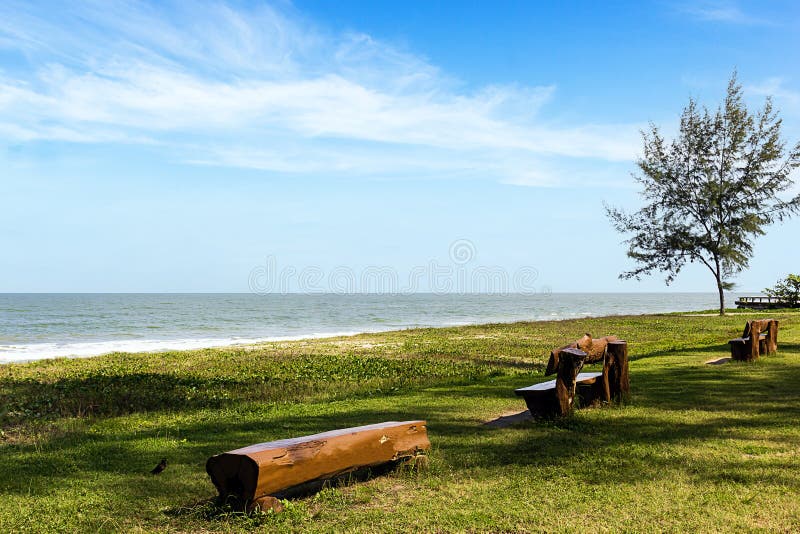 Bench with Blue Sky on Samila Beach in Songkhla Stock Image - Image of ...