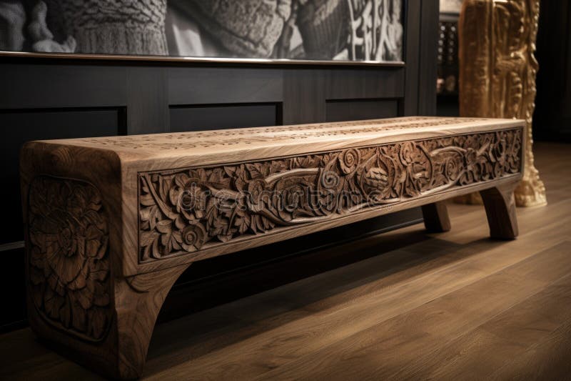 Bench Carved from Solid Oak, with Intricate Details and Textures Stock ...