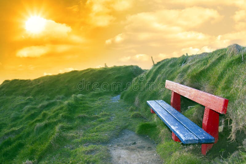 Bench on a Cliff Edge at Sunset Stock Image - Image of green, nature ...