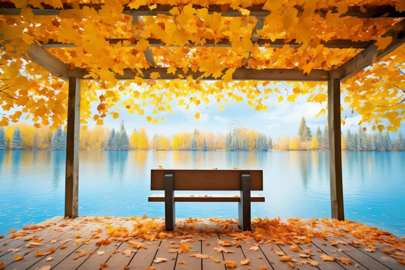 A Bench Covered in Fall Leaves in Front of a Lake Stock Image - Image ...