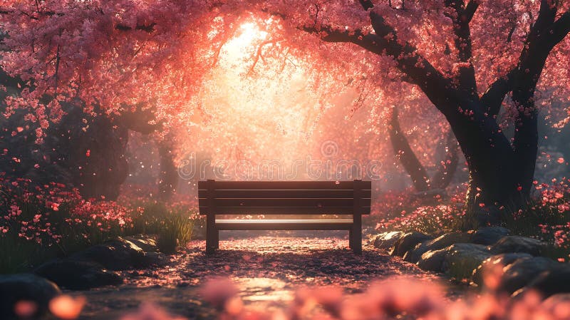 A Bench in a Dreamy Cherry Blossom Forest, Digital Illustration Stock ...
