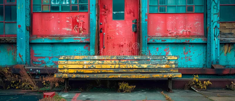 Old, Rusty, Grungy Bench Sits in Front of Red Building, Aged and ...