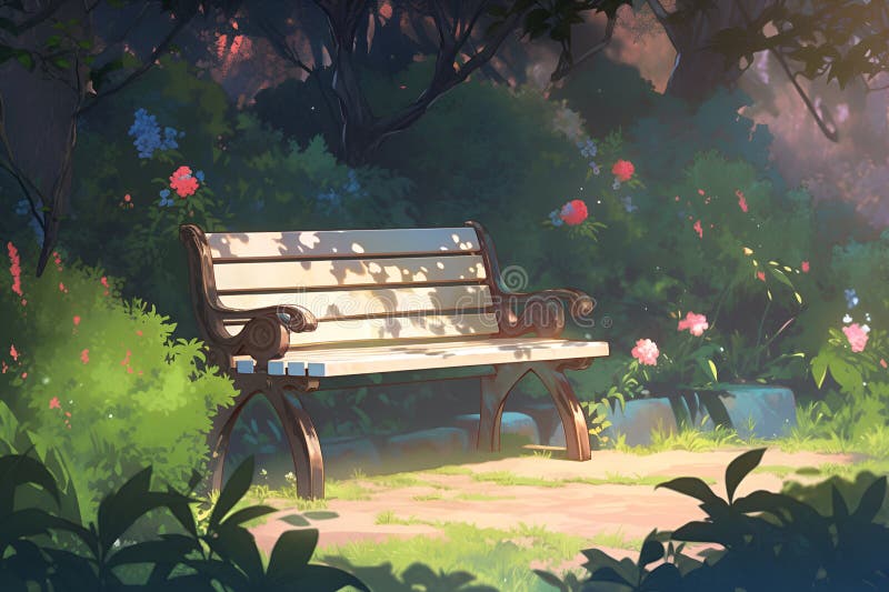 Bench in a Flowering Garden, Anime Style Illustration Stock ...