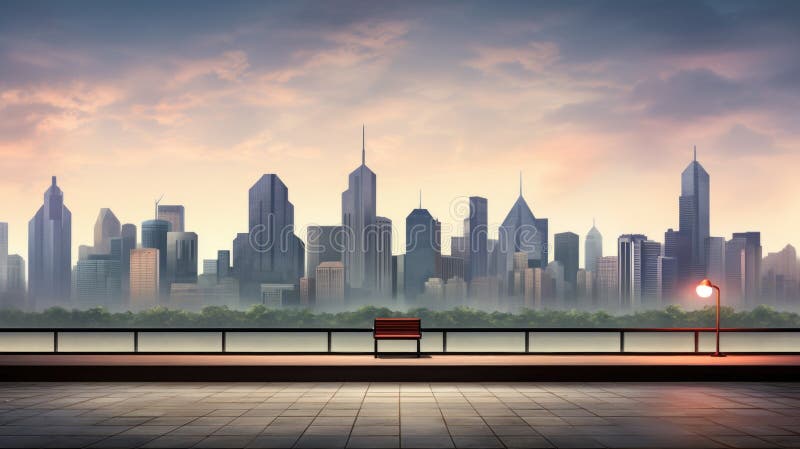 A Bench in Front of a City Skyline. AI. Stock Illustration ...