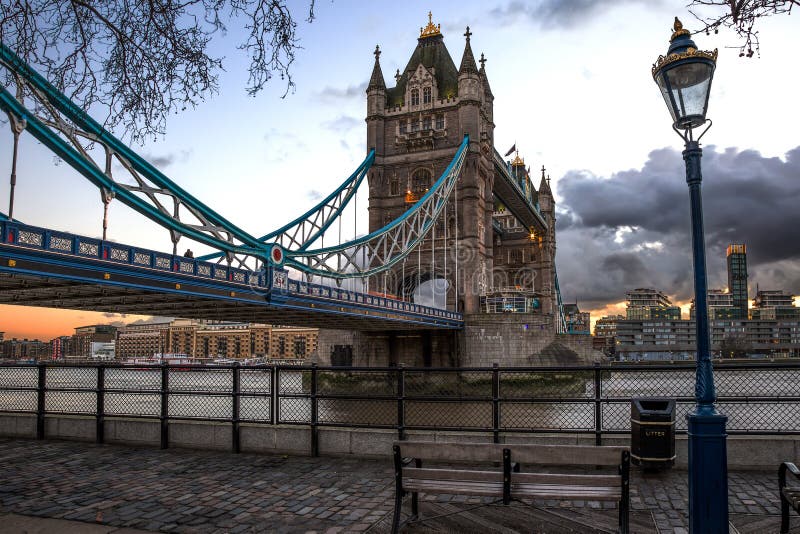 Bench in Front of Tower Bridge at Sunset Stock Photo - Image of ...