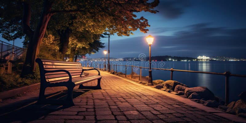 A Bench by the Harbour in the Evening with Dramatic Light Stock ...