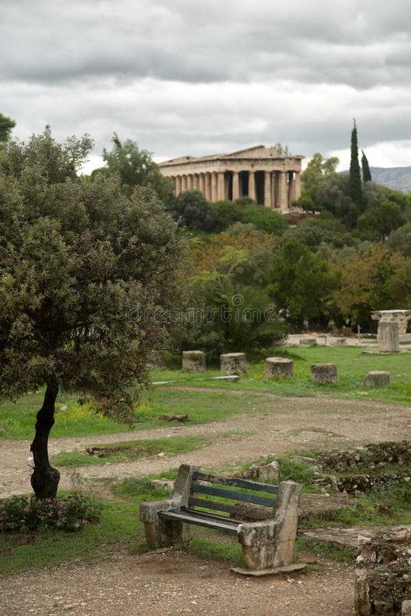 Bench with Hephaistos Temple in Background Stock Image - Image of bench ...