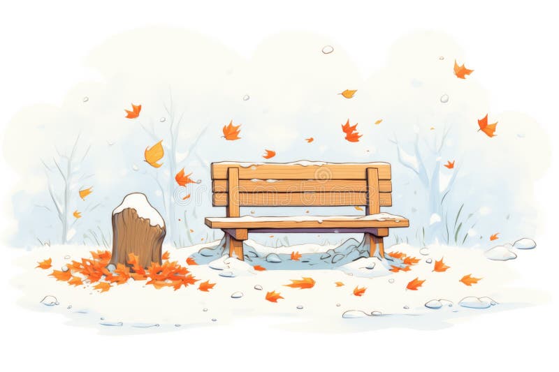 Bench with High Snow Pile, Single Red Leaf on the Seat Stock ...