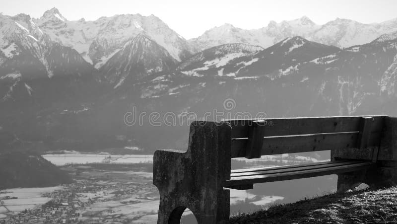 Bench on a Hill with Mountain View Stock Photo - Image of white ...