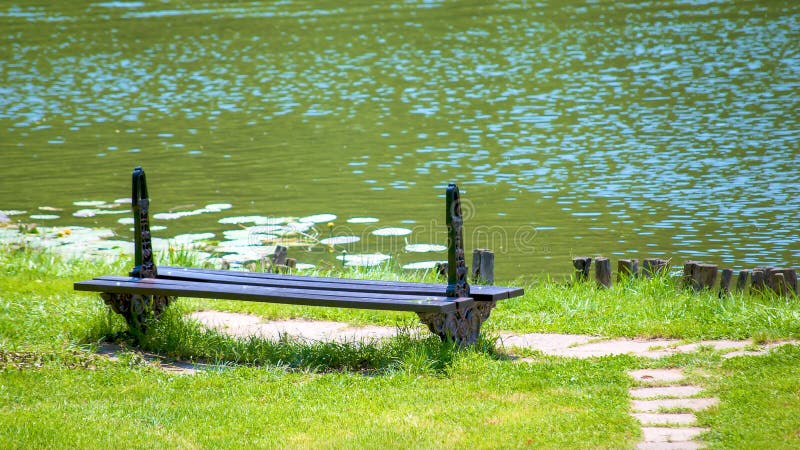 Bench and lake stock image. Image of sidewalk, shoreline - 15018999