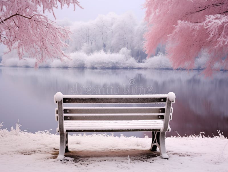 A Bench by a Lake with Snow. Calm Winter Landscape Stock Illustration ...