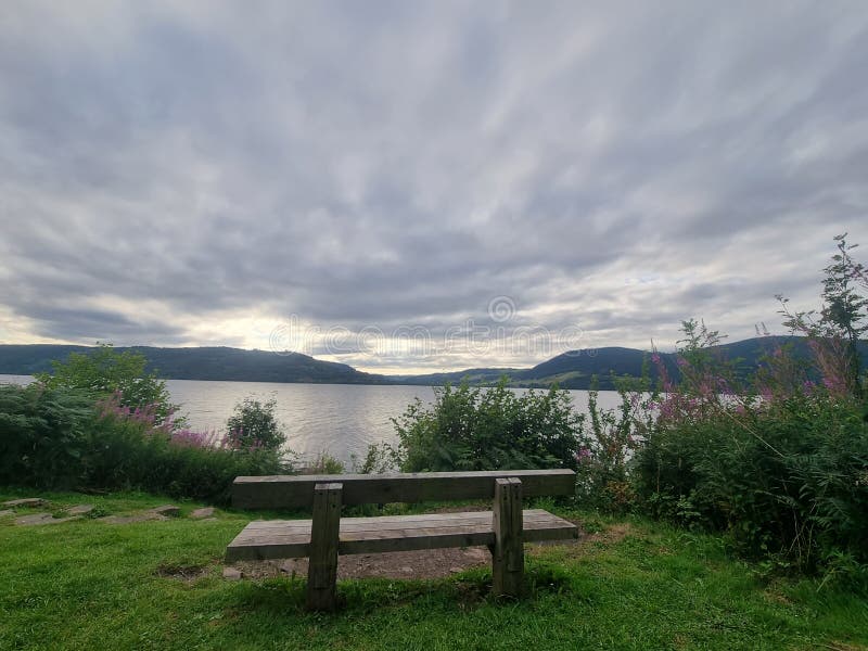 Bench and lake view stock image. Image of cloud, landscape - 226599287