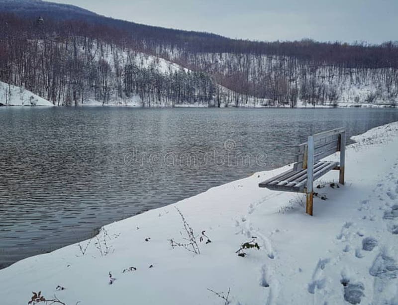 Bench by the Lake in Winter Stock Image - Image of winter, reservoir ...