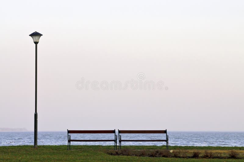 Bench and Lamp Post at Lakeside Horizontal Stock Image - Image of ...