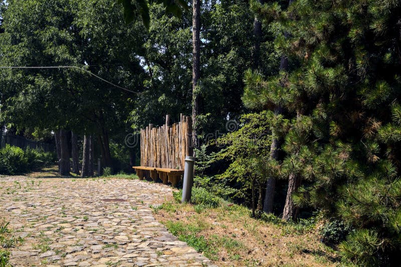 Bench Leaning on a Wooden Fence in a Small Open Space Stock Photo ...