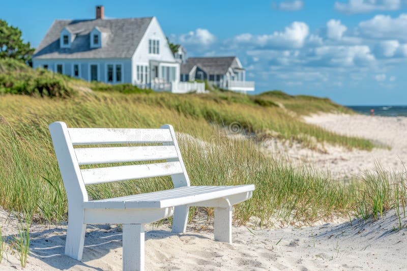 A Bench Located at the Boardwalk S End, Beyond the Dunes, is Bathed in ...