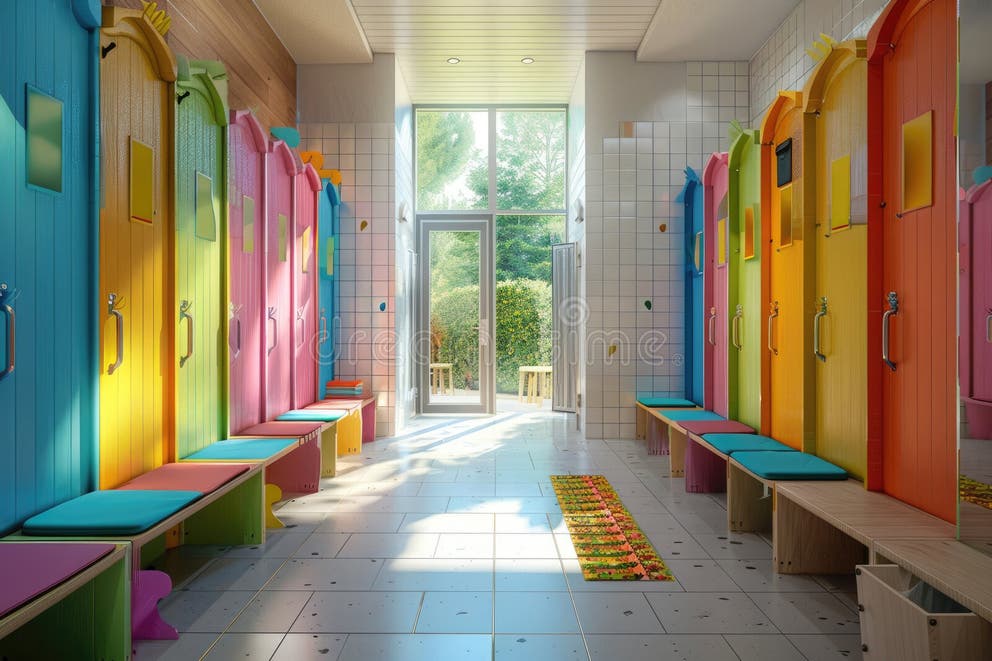 Bench and Lockers in Changing Room Stock Photo - Image of design ...