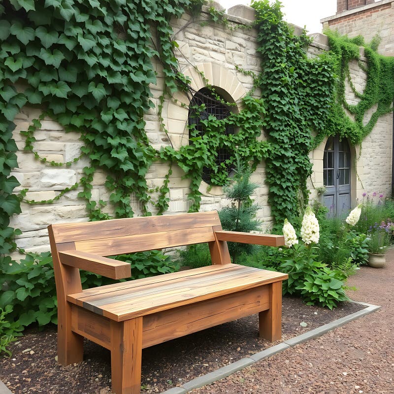 A Bench Made from Reclaimed Wood in a Rustic Garden with a Backdrop of ...