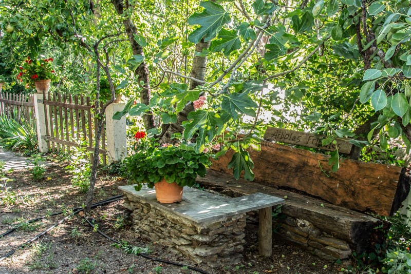 Bench Made of Tree Trunks with a Slate Table Surrounded by Lush ...
