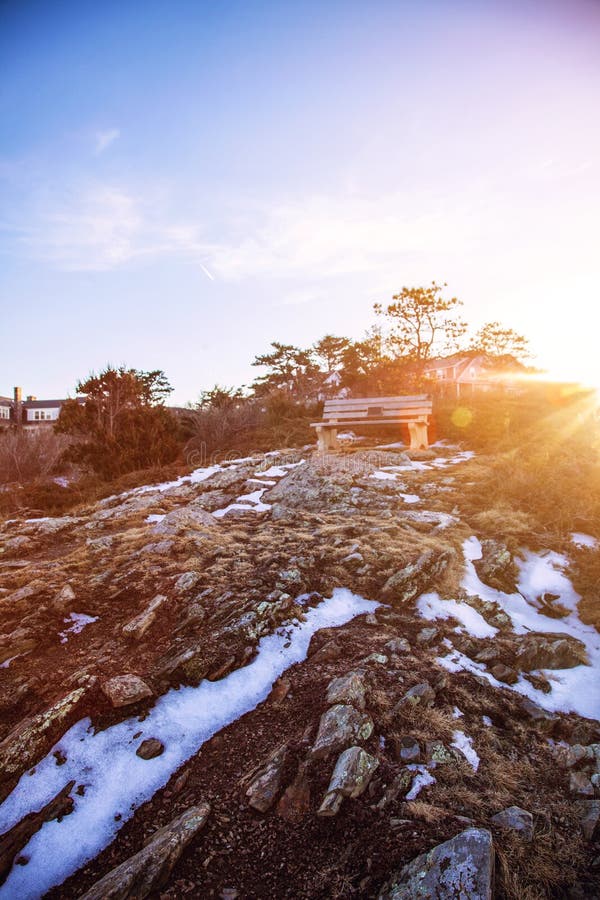 Bench on Marginal Way Path at Sunset in Ogunquit Maine during Winter ...